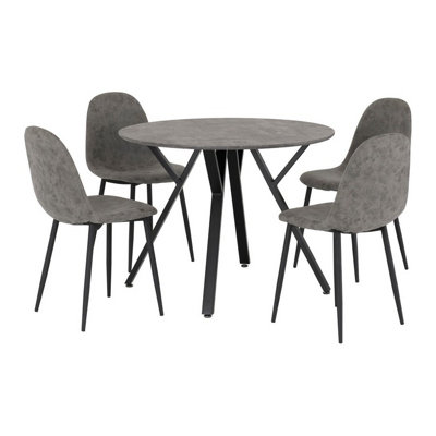 Athens Round Dining Set with 4 Chairs Concrete Effect Black Grey Faux ...
