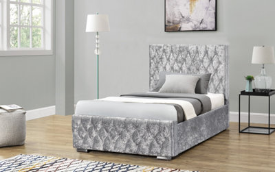 Athens Silver Crushed Velvet Single 3FT Ottoman Bed Frame With Diamante Buttons