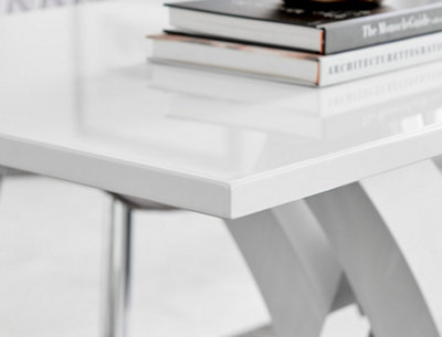 Atlanta White High Gloss and Chrome 4 Seater Dining Table with Statement X Shaped Legs and 4 ...