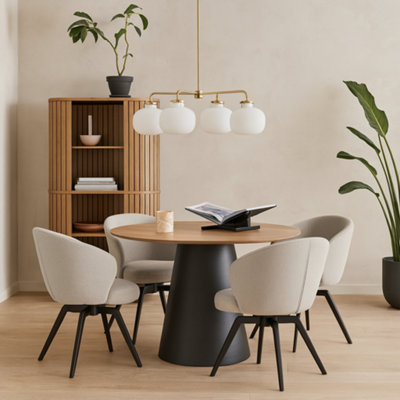Auckland 120cm Round Dining Set Oak Effect Table with Black Base and 4 ...