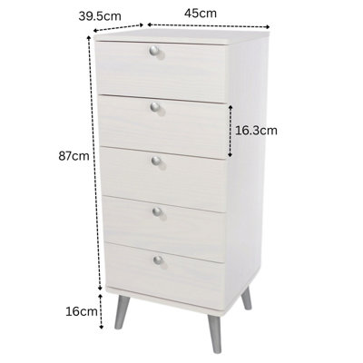 Augusta Curve 5 Drawer Narrow Chest in White - Slim Bedroom Storage ...