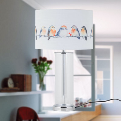 Aura - Chrome Table Lamp with Bird Print Linen Shade