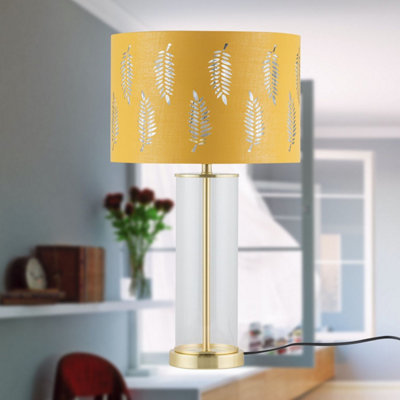 Aura - Satin Brass Table Lamp with Ochre Fern Cut Out Silver Shade