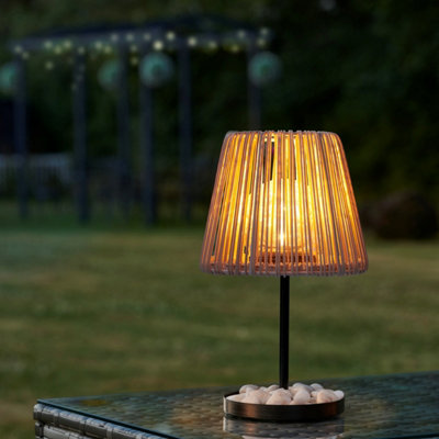 Auraglow Solar Rattan-Style Outdoor Table Lamp With Crackle Glass Bulb