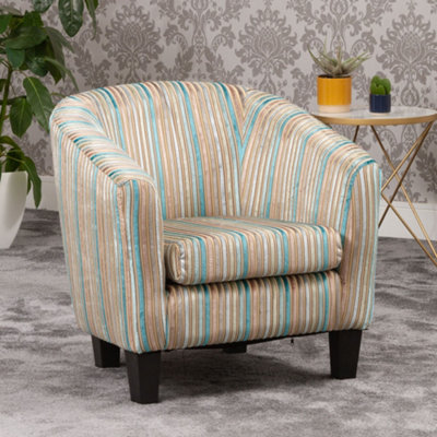 Aurora 69cm wide Aqua Gold Silver Striped Fabric Tub Chair with Dark ...