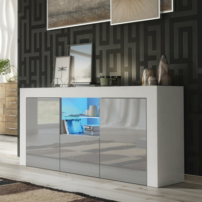 Aurora Sideboard 145cm White & Grey with High Gloss Doors and LED ...