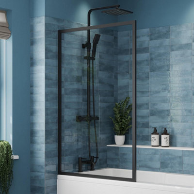Aurora Square Fixed Bath Shower Screen 800mm - Matt Black 6mm