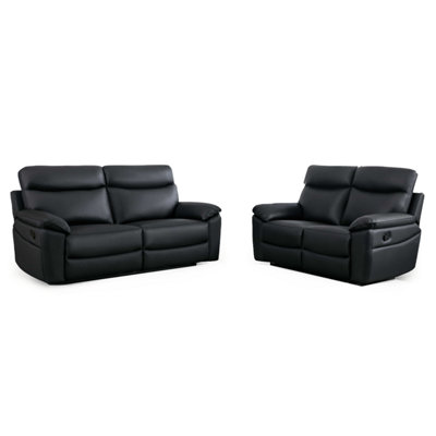 Austin Black Genuine Reclining Sofa Suite Manual Recliner Set Real Leather