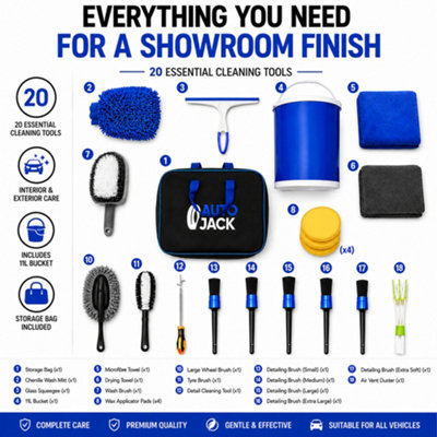 Autojack Car Cleaning Kit 20 Piece Automotive Care Set For Interior ...