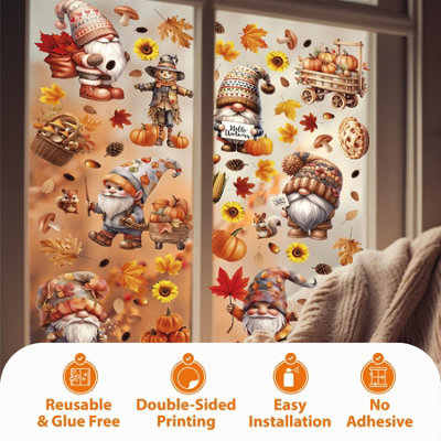 Autumn Gnomes with Pumpkins Window Clings - Double-Sided Fall Window ...
