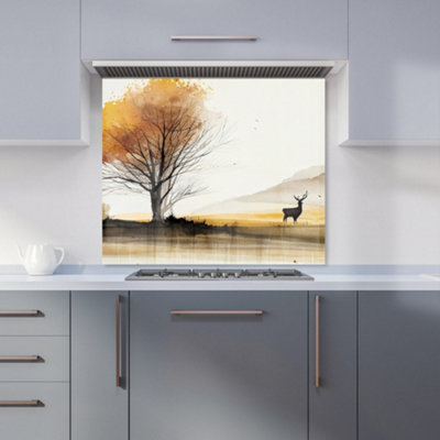 Autumn Landscape Stag Watercolour Premium Glass Kitchen Splashback ...