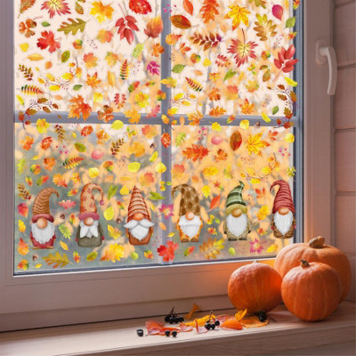Autumn Maple Leaves Fall Gnomes Window Clings - Double-Sided Fall ...
