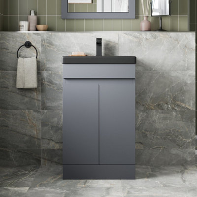 Aveli 500mm Floorstanding Vanity Unit Grey Black Ceramic Basin Soft ...