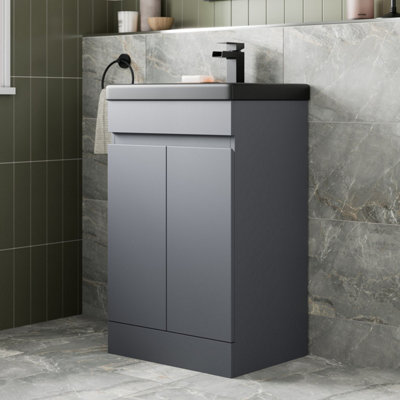 Aveli 500mm Floorstanding Vanity Unit Grey Black Ceramic Basin Soft ...