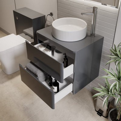Aveli 600mm Bathroom Countertop Vanity Unit Fluted Round Basin Wall ...