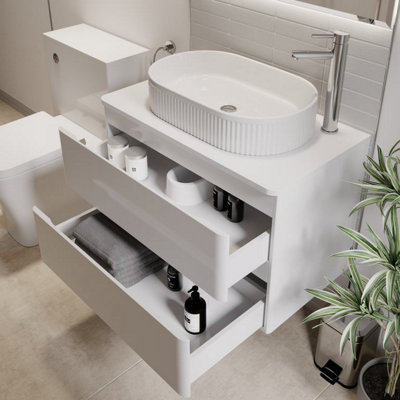 Aveli 800mm Bathroom Countertop Vanity Unit Fluted Oval Basin Wall Hung ...