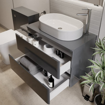 Aveli 800mm Bathroom Countertop Vanity Unit Oval Fluted Basin Wall Hung ...