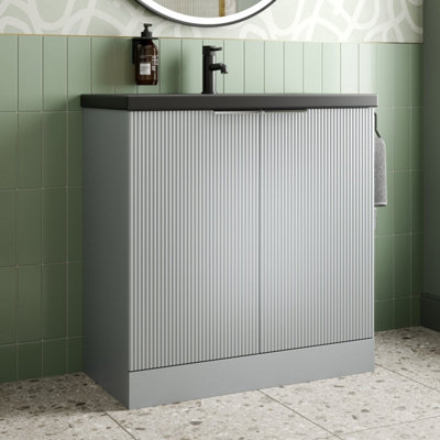Aveli 800mm Fluted Grey Floorstanding Vanity Unit Black Ceramic Basin ...