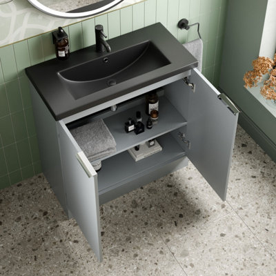Aveli 800mm Fluted Grey Floorstanding Vanity Unit Black Ceramic Basin ...