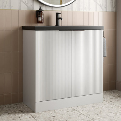 Aveli 800mm Fluted White Floorstanding Vanity Unit Black Ceramic Basin ...