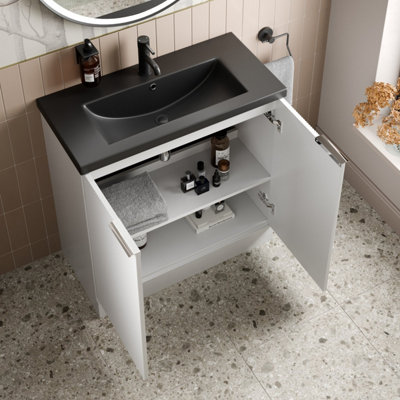 Aveli 800mm Fluted White Floorstanding Vanity Unit Black Ceramic Basin ...