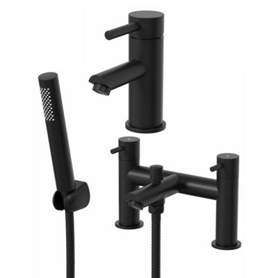 Aveli Bath Shower Mixer Basin Tap Set Round Twin Lever Modern Deck ...