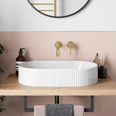 Aveli Bathroom Countertop Basin Sink Fluted Gloss White Oval Modern 573 ...