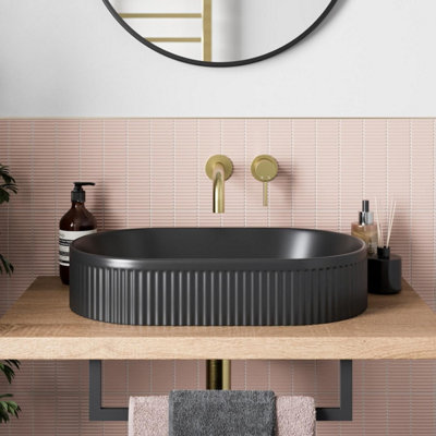 Aveli Bathroom Countertop Basin Sink Fluted Matt Black Oval Modern 573 ...