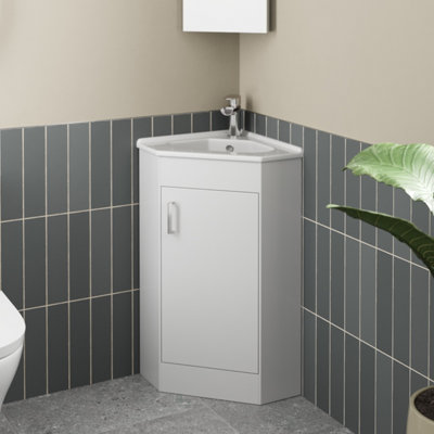 Aveli Bathroom Floor Standing Corner Vanity Unit White Gloss Single ...