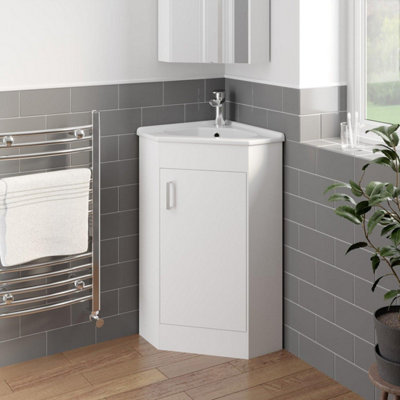 Aveli Bathroom Floor Standing Corner Vanity Unit White Gloss Single ...