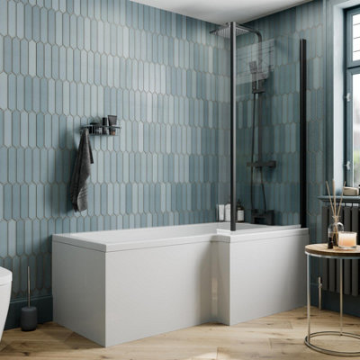 Aveli Bathroom L Shaped Bath Black Shower Screen Right Hand Front Panel ...