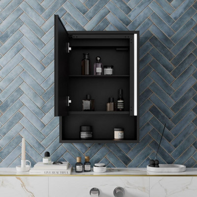 Aveli Bathroom Mirror Cabinet LED Wall Mounted 700x500mm Black Demister ...