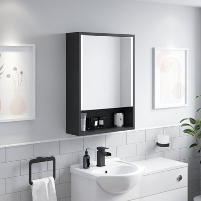 Aveli Bathroom Mirror Cabinet LED Wall Mounted 700x500mm Black Demister ...