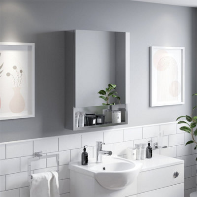 Aveli Bathroom Single Door Mirror Stainless Steel Open Shelf Modern ...