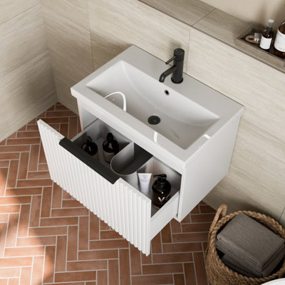 Aveli Fluted 600mm Bathroom Vanity Unit Basin Wall Hung Cupboard Soft ...