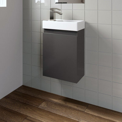 Aveli Gloss Grey Wall Mounted 400mm Slimline Vanity Unit Basin Sink ...