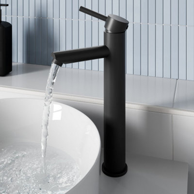 Aveli High Rise Tall Basin Mixer Tap for Countertop Round Mono Matt Black