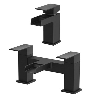 Aveli Modern Bathroom Black Waterfall Basin Bath Mixer Tap Set Square ...