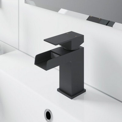 Aveli Modern Bathroom Black Waterfall Basin Bath Mixer Tap Set Square ...