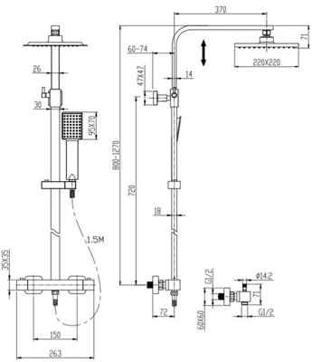 Aveli Thermostatic Mixer Shower Square Dual Head Riser Rail Handset ...