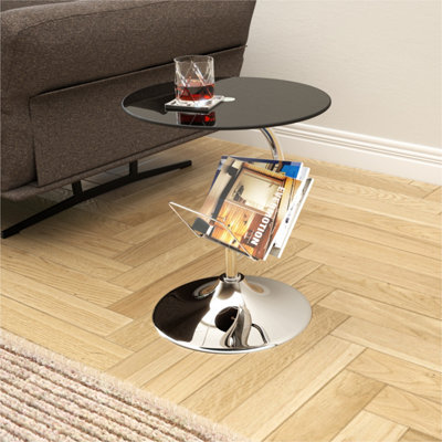 AVF 45cm x 45cm Side Table with Magazine Rack - Black Glass & Chrome