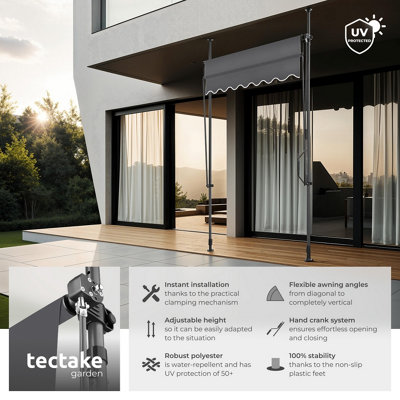 Awning - retractable, clamp, no-drill installation required - black/grey