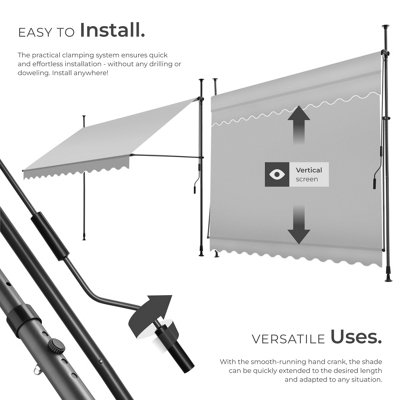 Awning - retractable, clamp, no-drill installation required - light grey