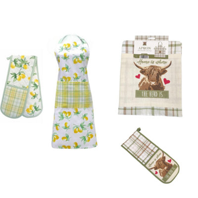 B4E Highland Cow Herd 100% Cotton Double Oven Gloves and Apron Set