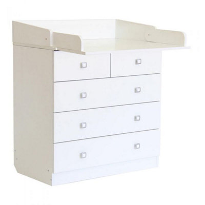 Baby Changing 5 Drawer Unit, Changing Board and Storage, White