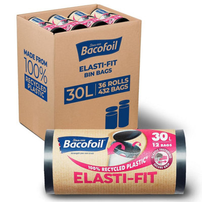 Bacofoil Elasti-Fit Bin Bag Liners Drawstring Handles 30L 36 Rolls 432 Bags