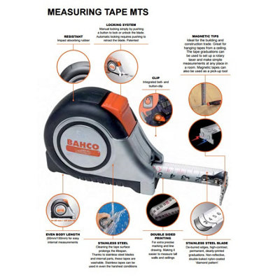 Bahco MTS-8-25-E Metric Imperial 8m 26ft Magnetic Tip Tape Measure ...