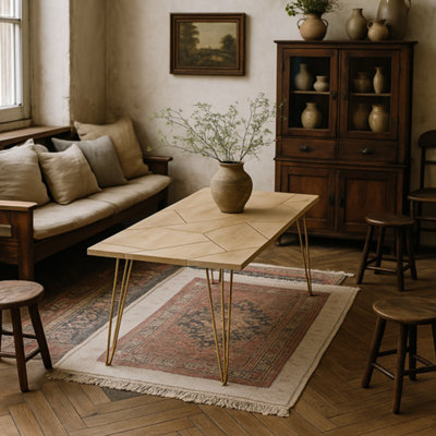 Bali 6-Seater Light Mango Wood Dining Table with Gold Inlays