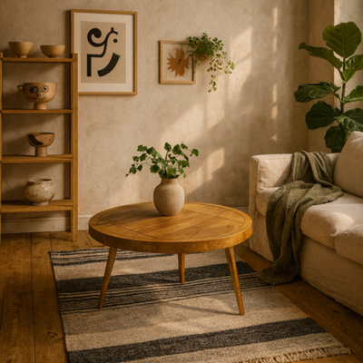 Bali Round Mango Wood Coffee Table with Gold Inlays, 80cm