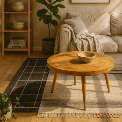 Bali Round Mango Wood Coffee Table with Gold Inlays, 80cm